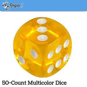 Regal Games 6-Sided Translucent 16mm Dice Set - Playing Colored Set of Dice - Square Dice for Classroom or Family Game Night - 50 Dice