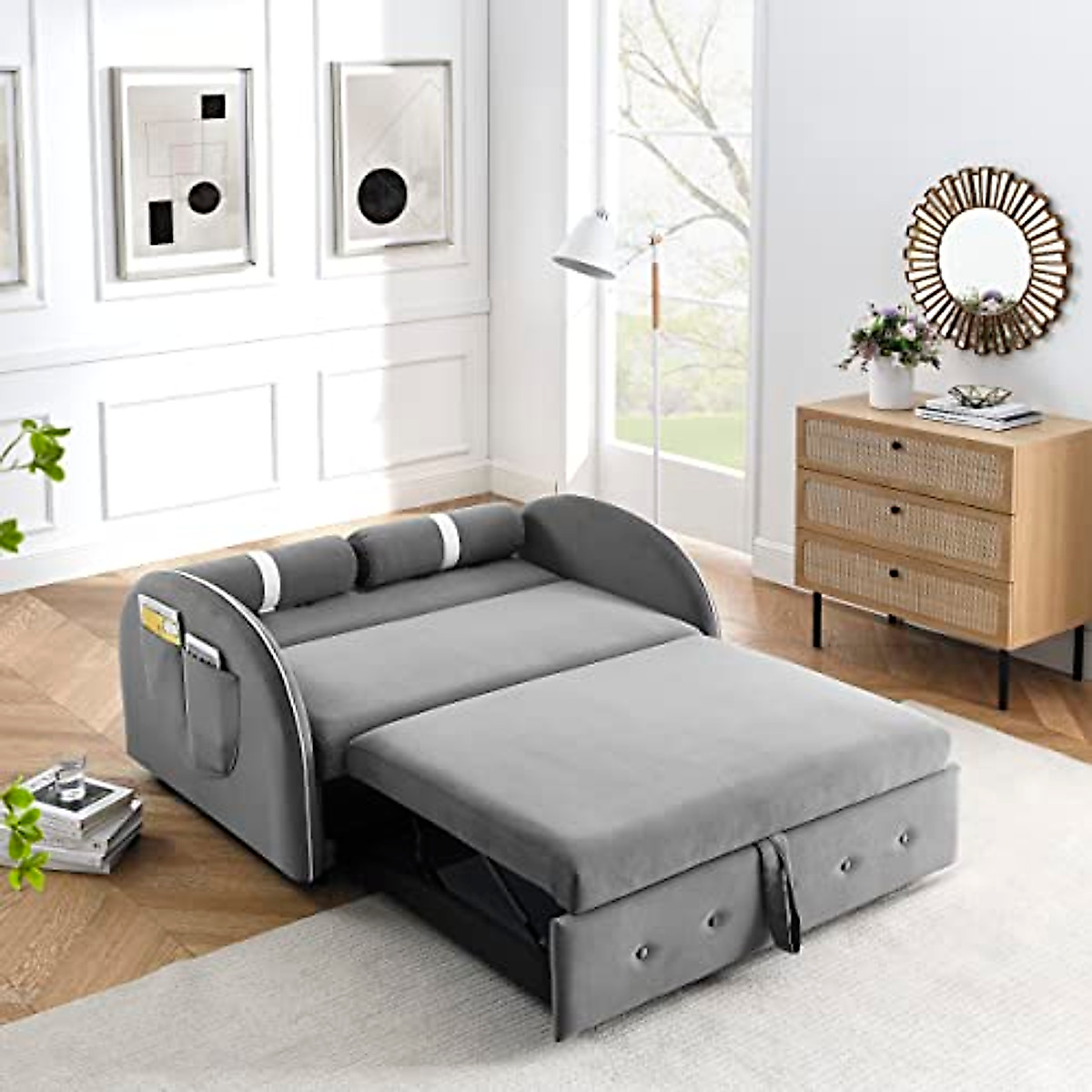 HomSof Adjsutable Backrest and Lumbar Pillows for Apartment Office Living Room Modern 55.5" Pull Out Sleep Bed 2 Seater Loveseats Sofa Couch with Side Pockets, Style C, Grey