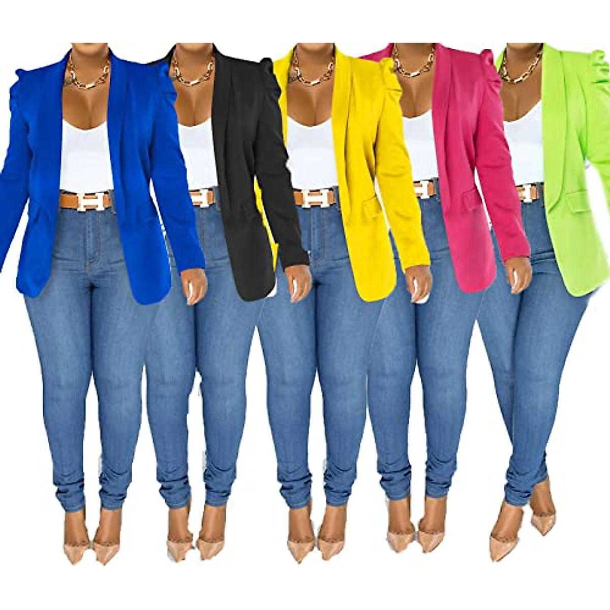 Womens Casual Blazers Open Front Puff Long Sleeve Lapel Work Office Blazers Bussiness Jackets Suit Coat Yellow XX-Large