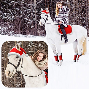 Abbylike 6 Pcs Christmas Holiday Santa Leg Wraps with Faux Fur Trim Holiday Santa Horse Hat All Purpose Santa Saddle Pad for Christmas Horse Costume Accessories