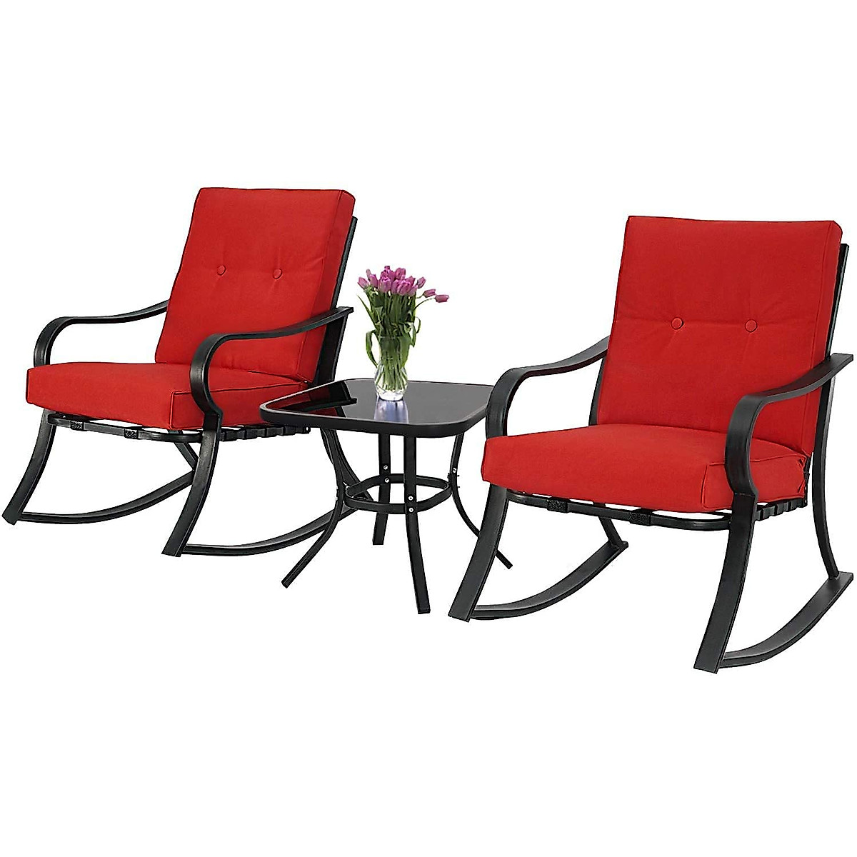Betterland Outdoor 3-Piece Rocking Chairs Patio Bistro Sets, Glass-Top Coffee Table & Black Metal ​Patio Furniture with Thickened Cushions (Red)