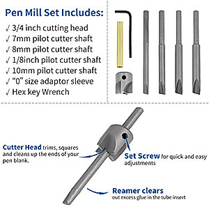Pen Mill Set, 7 PC Pen Barrel Trimming System with 3/4 inch Cutting Head, 7mm, 8mm, 3/8 inch, 10mm Pilot Cutter Shafts, 0 Size Adaptor Sleeve and Hex Key Wrench, Pen Barrel Mill Trimmer Set by Tackpro