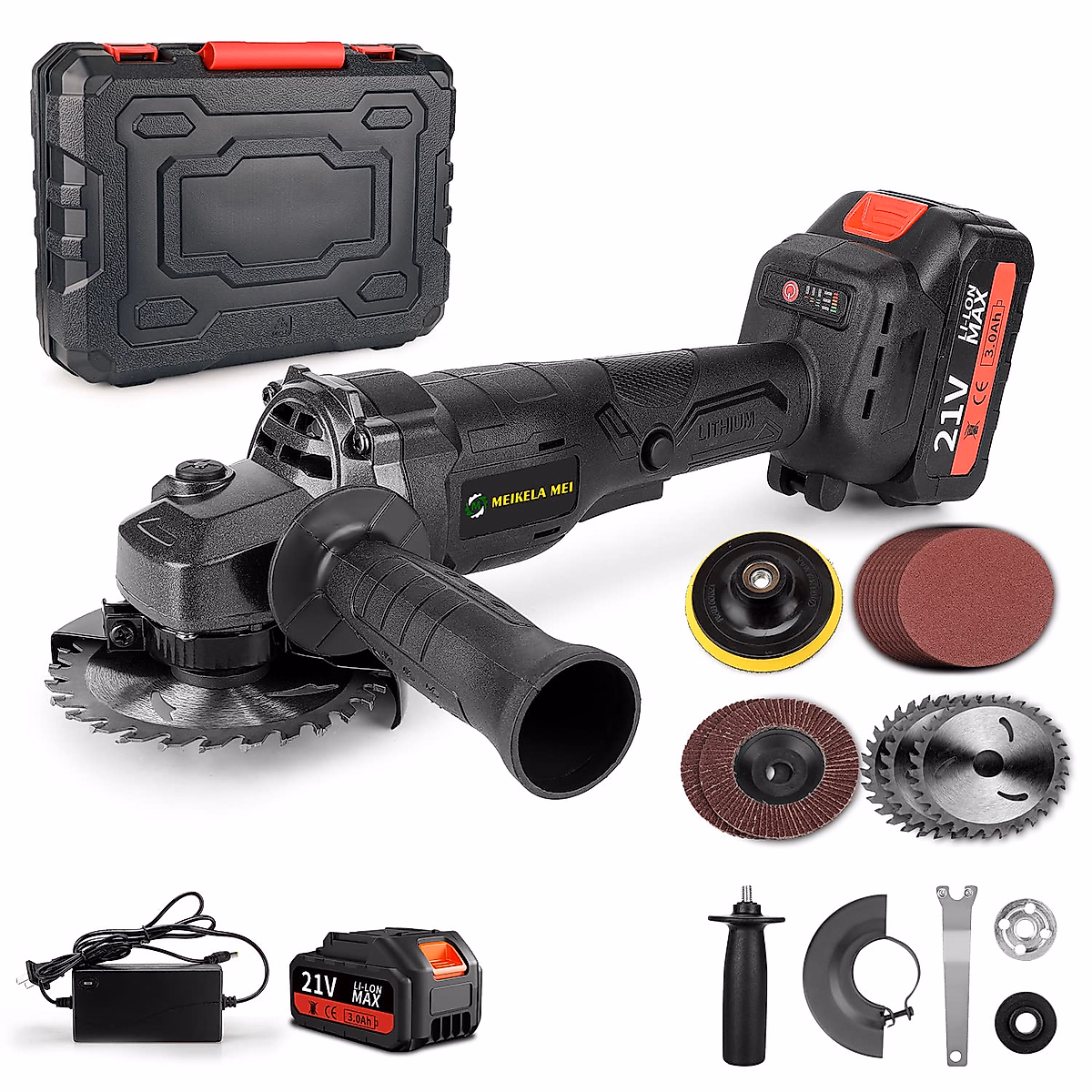 Cordless Angle Grinder with 4-pole Motor, 21V Cordless Grinders Tools w/3.0A Battery & Fast Charger, 4-3/8 Inch Grinding Wheels, Cutting Wheels, Flap Discs and Adjustable Auxiliary Handle