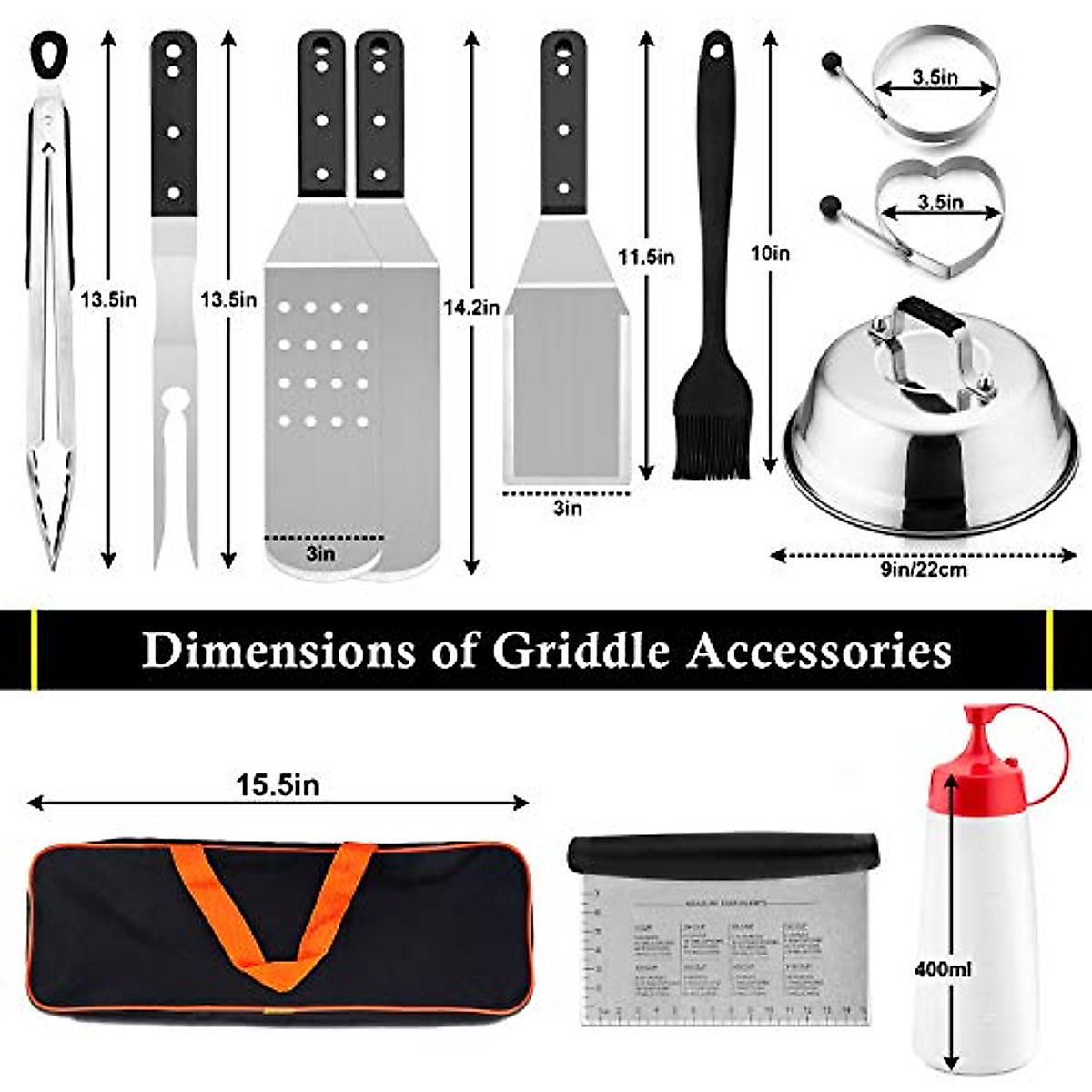 Griddle Accessories Kit of 14, HaSteeL Stainless Steel Griddle Tools Set with Carrying Bag, Heavy Duty Metal Spatulas, Melting Domes, Scraper for Teppanyaki Flat Top BBQ Outdoor, Dishwasher Safe
