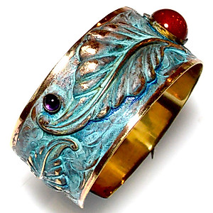 Elaine Coyne Wearable Art Verdigris Patina Brass Flowing Leaves Cuff Bracelet with Semi-precious Stones