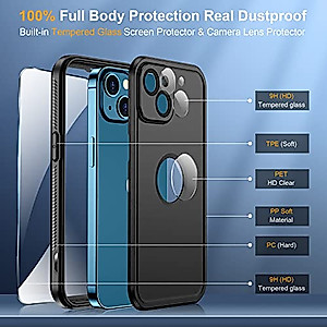 SPIDERCASE [Real 360 Designed for iPhone 13 Case Waterproof, Built-in 9H Tempered Glass Screen Protector [Dustproof] [12FT Military Dropproof][Full-Body Shockproof][IP68 Underwater] Case-Black