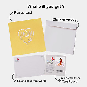 CUTE POPUP - 3D Birthday Pop Up Card for Mom, Handcrafted Greeting Card, Funny Pop Up, Unique Note Card and Sparkling Envelope, Premium Paper - Thinking of You Card for Women, Best Wishes 6''x6''