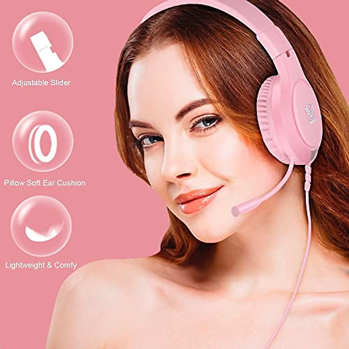 Pink Gaming Headset for Nintendo Switch, Xbox One, PS4,PS5, Bass Surround and Noise Cancelling with Flexible Mic, 3.5mm Wired Adjustable Over-Ear Headphones for Laptop PC iPad Smartphones