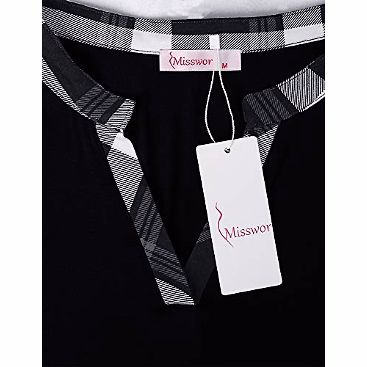 Tunic Shirts for Women Short Sleeve,Flattering Contrast Check V Neck Blouse Modest Youth Henley Tops Hi-Low Hem Casual Business Work Flowy Shirts Wear with Leggings Pullover Tunic Black Large