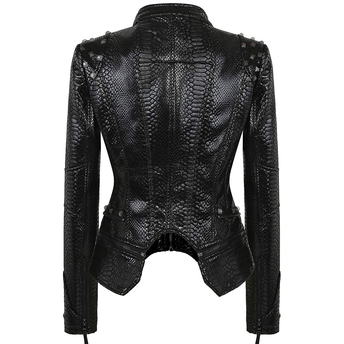 chouyatou Women's Fashion Snake Pattern Print Studded Moto Pu Leather Biker Jacket (X-Small, Black)