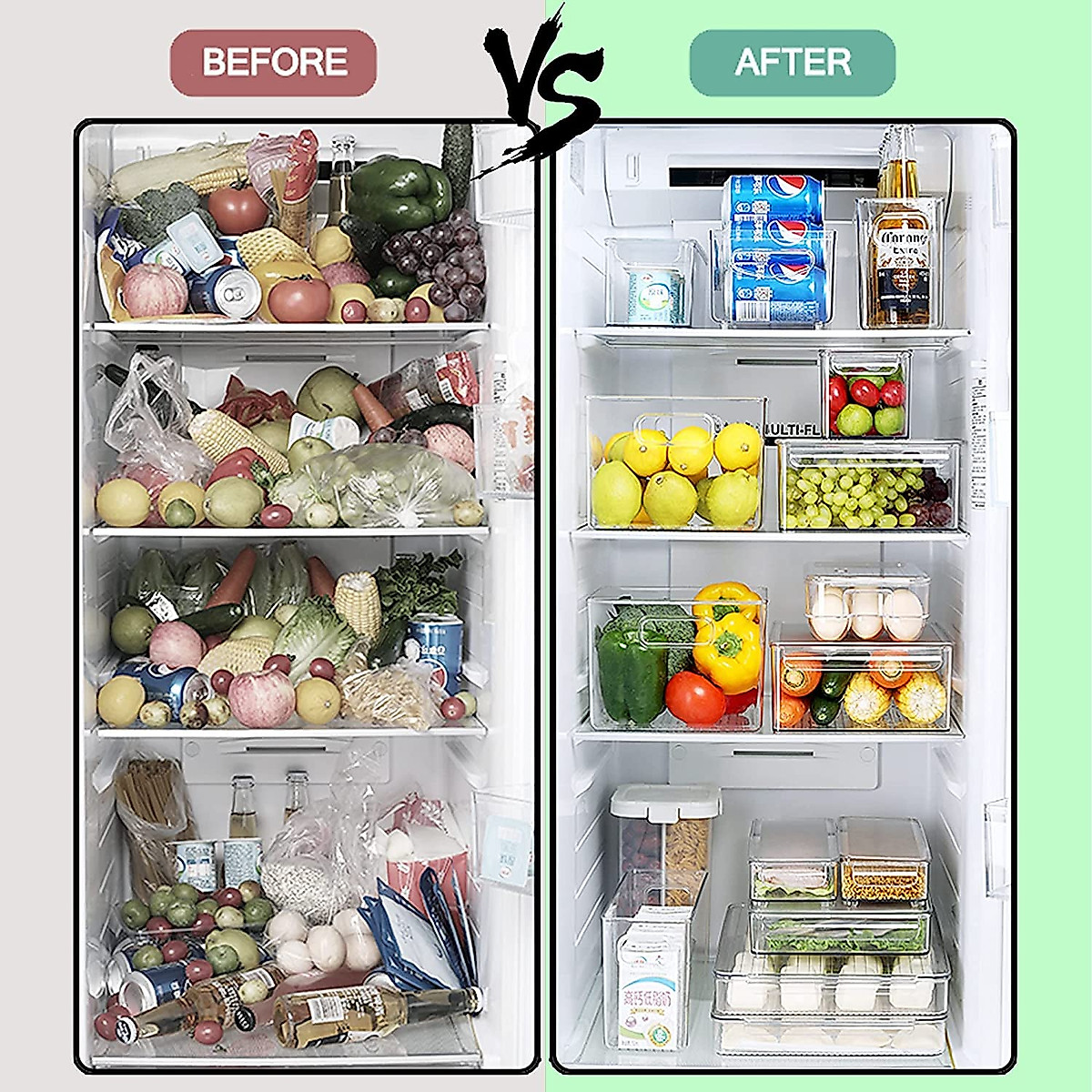 ACIGI Fridge Kitchen refrigerator organizer bins box - Clear Food Storage Baskets for Kitchen, Fridge, Freezer, Cabinets, Countertops, Bedrooms, Stackable Plastic Household Containers, Transparent