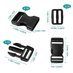 10 Set 1 inch Buckles for Straps with 20 pcs Tri-glide Slide Clip, Quick Side Release Plastic Buckle Clip, Fit 1 inch Wide Nylon Webbing Canvas Strap (Black)