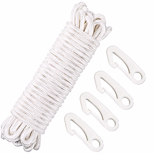 Flag Rope 50 Feet Flag Pole Halyard Rope and Clips Kit 4 Pieces Nylon Flag Pole Hook Clips Snap Hooks, Flag Pole Halyard Rope for Flagpoles up to 25 Feet, Tie Pull Swing Climb and Knot (15m, White)
