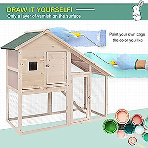 PawHut 55" L 2-Tier Wooden Rabbit Hutch Bunny Cage Small Animal House with Ramp, Waterproof Roof, Removable Tray and Outdoor Run