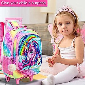 TXHVO 3PCS Rolling Backpack for Girls, Kids Rainbow Unicorn Bookbag with Roller Wheels, Cute Suitcase School Bag Set for Elementary Toddler