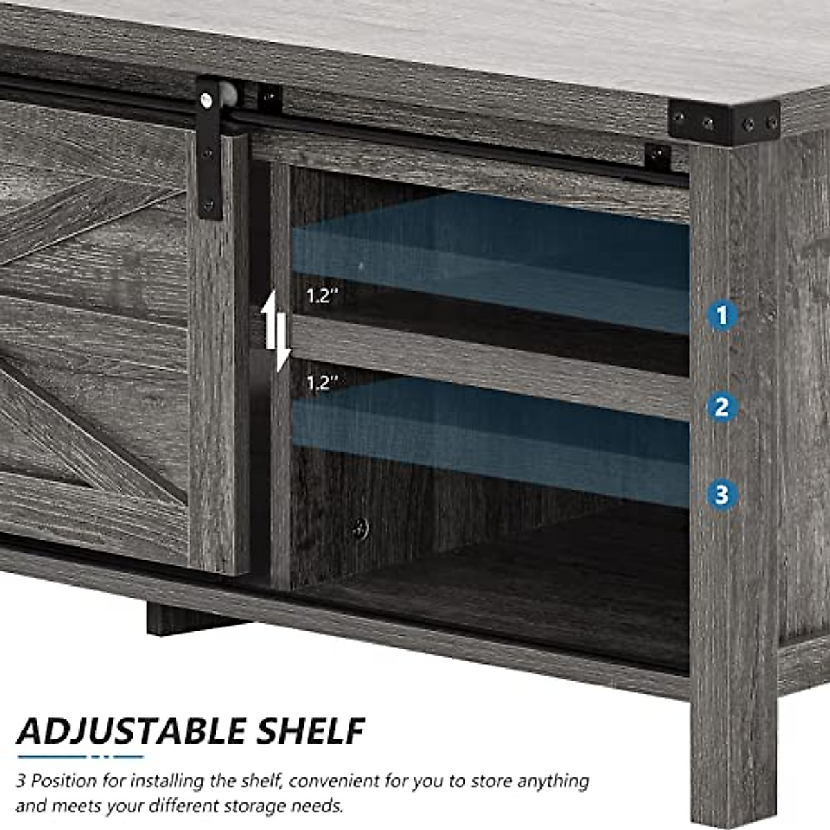 HOMFAMILIA Farmhouse Coffee Table with Sliding Barn Doors & Storage, Grey Rustic Wooden Center Rectangular Tables w/Adjustable Cabinet Shelves, for Bedroom, Home Office, Living Room