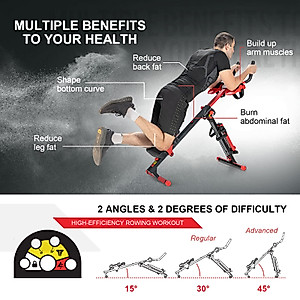 Goplus 4 in 1 Folding Rowing Machine, AB Crunch Workout Machine w/3-Level Angle & Adjustable Tension, Control Panel, Multi-function Rower AB Fitness Equipment for Home & Gym Use