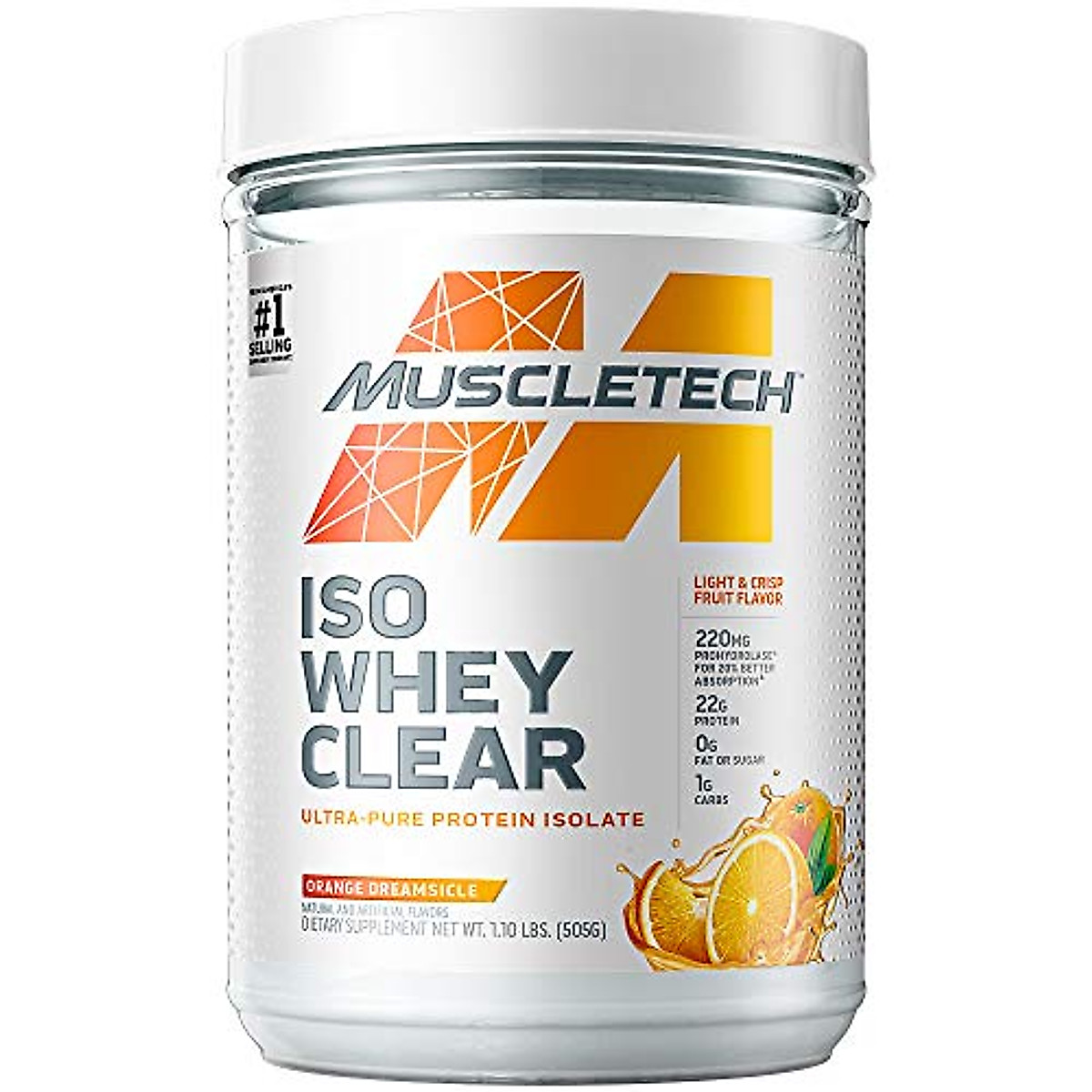 Whey Protein Powder | MuscleTech Clear Whey Protein Isolate | Whey Isolate Protein Powder for Women & Men | Clear Protein Drink | 22g of Protein, 90 Calories | Orange Dreamsicle, 1.1lb (19 Servings)