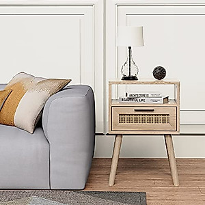 AmzYuga Nightstands Set of 2, Bedside Table with Drawer, Modern End Table with Open Storage, Bed Side Table with Solid Wood Feet for Bedroom Set of 2, Boho Night Stands, Accent Tables, Natural