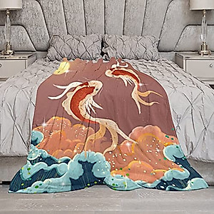 Japanese Wave Koi Fish Throw Blanket Animal Sun Flannel Blanket Utra Soft Breathable Lightweight Blanket for Couch Bed Sofa Office Room