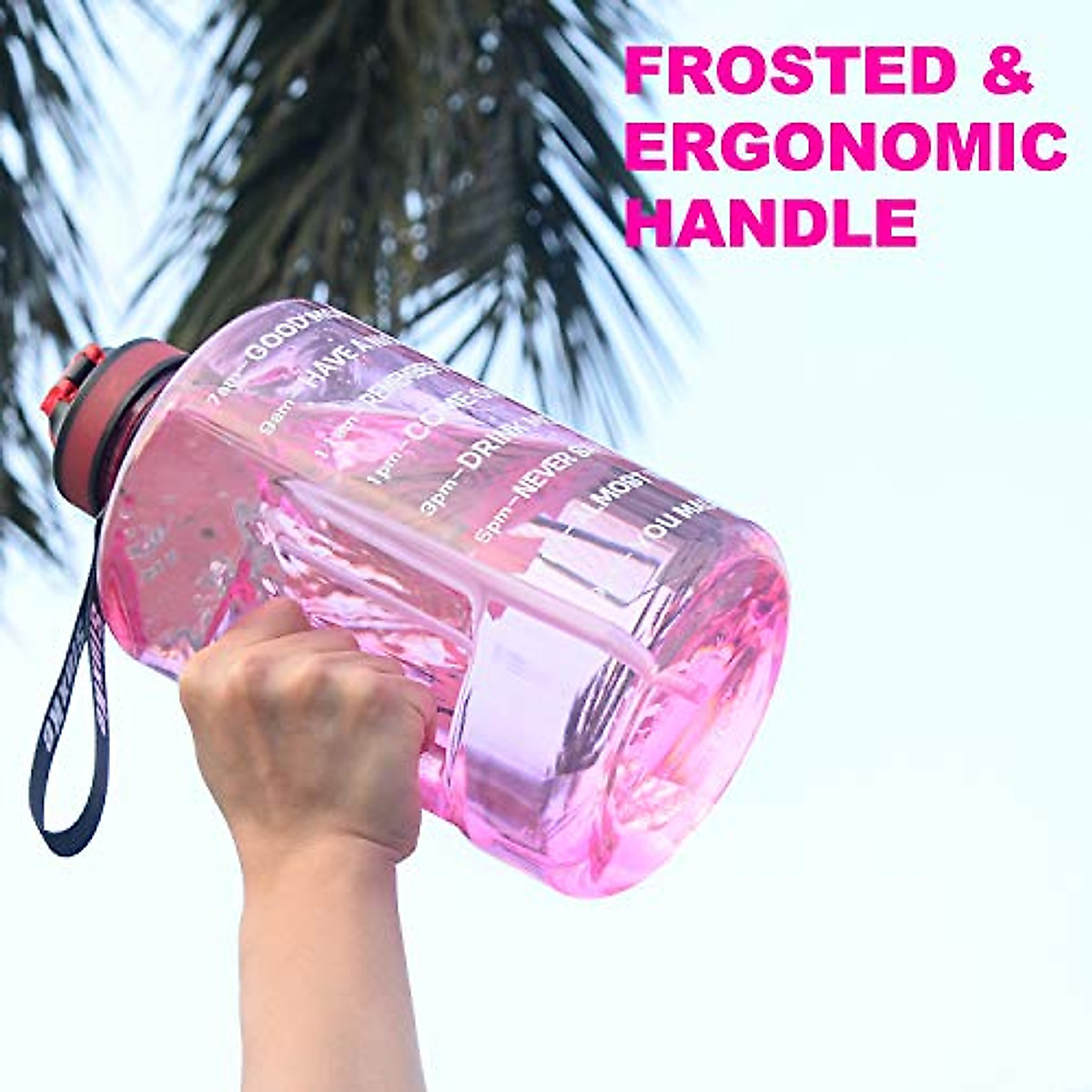 SLUXKE Gallon Water Bottle with Straw and Time Marker, 74oz BPA Free Huge Water Jug with Handle, LeakProof Pop Up Daily Water Intake Bottle Light Pink