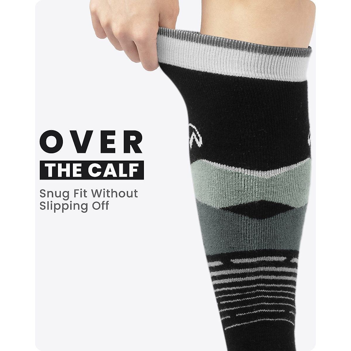 OutdoorMaster Ski Socks, 2-Pair Pack Skiing and Snowboarding Thermal Socks for Men with Non-Slip Cuff Design, Geometric Patterns - Black, Large