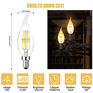Qualilux Dusk to Dawn Candelabra Light Bulbs Outdoor, 40W Equivalent, Soft White, 4W 450LM, Auto On/Off, CA11 LED Light Sensing Bulb, Candle Flame Tip, Vintage Edison E12 Base, 4-Pack, HQ-H035