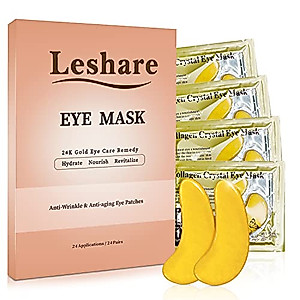 LESHARE 24K Gold Eye Mask for Reduce Dark Circles and Puffiness, Collagen Under Eye Mask and Under Eye Patches for Reduce Wrinkles, Refresh Your Eyes Skin, 24 Pairs