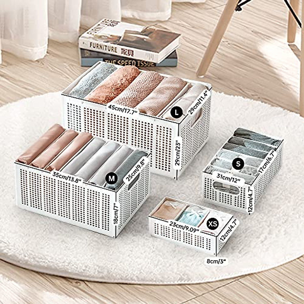 UNZIPE 2 Pack Closet Storage Bins with Handle, Plastic Storage Baskets Organizer Clothes Organizer for folded Clothes Closet Containers for Shelf, Large