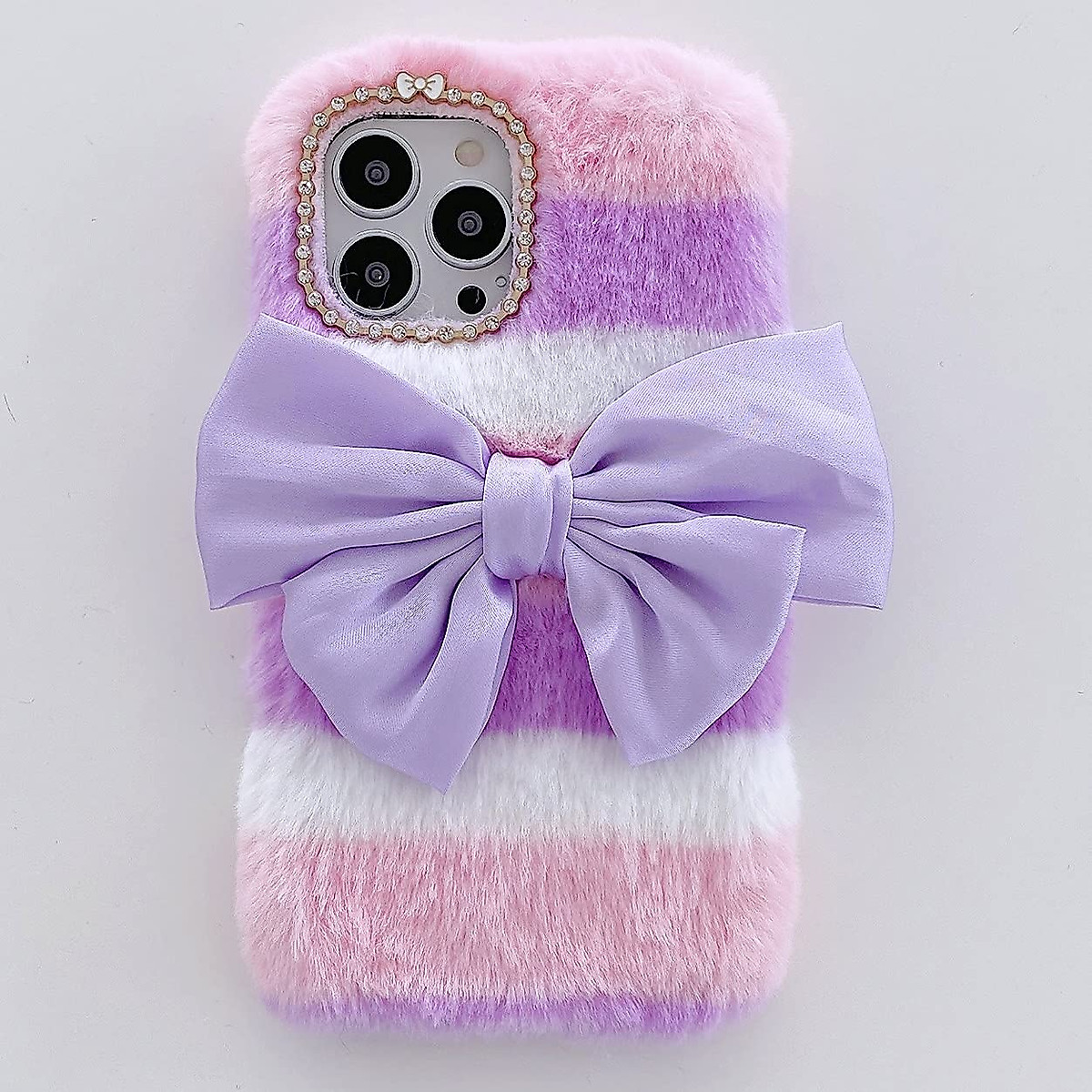 HFICY Girly Faux Fur Phone Case with 2 Pack Glass Screen Protector Films,Cute Silk Bow Soft Fluffy Furry Shockproof Protective Phone Cover for Women (Purple,for Oppo Reno 6 PRO 5G)