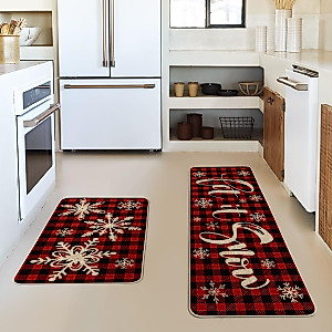 Artoid Mode Buffalo Plaid Snow Christmas Kitchen Rugs Set of 2, Let It Snow Xmas Winter Holiday Party Low-Profile Floor Mat Decorations for Home Kitchen - 17x29 and 17x47 Inch