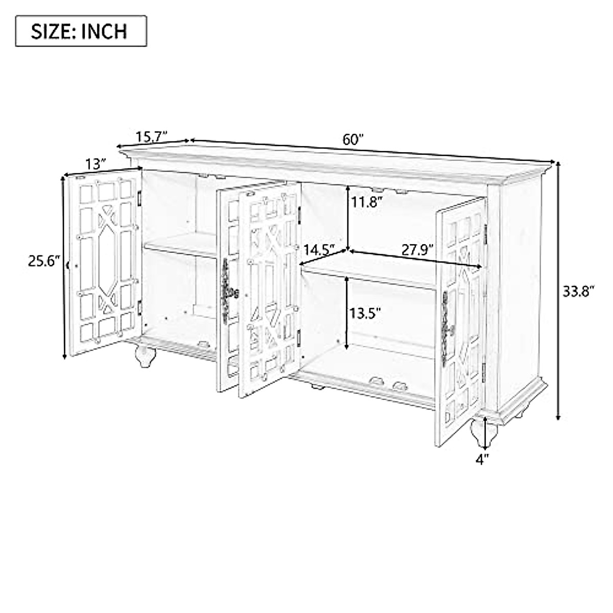 RUNNA Acacia Wood Sideboard Buffet Cabinet with Adjustable Height Shelves, 4 Doors, Metal Handles, Modern Storage Cabinet Entryway Cabinet Console Table for Living Room Bedroom