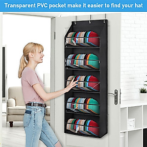AROUY Hat Rack for Door-Hat Organizer for Baseball Caps-Baseball Hat Storage Organizer Clear Deep Pockets for Hanging in Closet or on Wall, 5 Tiers, Holds At Least 60 Hats, with 3 Hooks