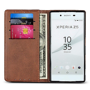 Smartphone Flip Cases Leather Wallet Case for Sony Xperia Z5, Premium Vegan Leather Case [Shockproof TPU Inner Shell] Slim Shockproof Protective Phone Case Compatible with Sony Xperia Z5 Flip Cases (