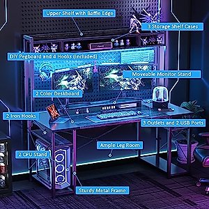 armocity 2024 Upgrade Gaming Desk with Hutch, 55.2'' Magic Computer Desk with LED and Outlets, Reversible Workstation Desk with Pegboard, Grey/Black