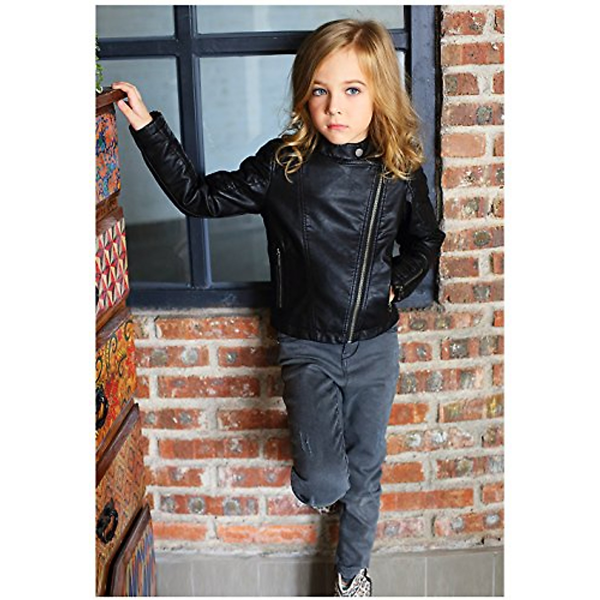LJYH Girls Faux Leather Quilted Motorcycle Jackets Kids Spring Biker Coats Black 7/8yrs