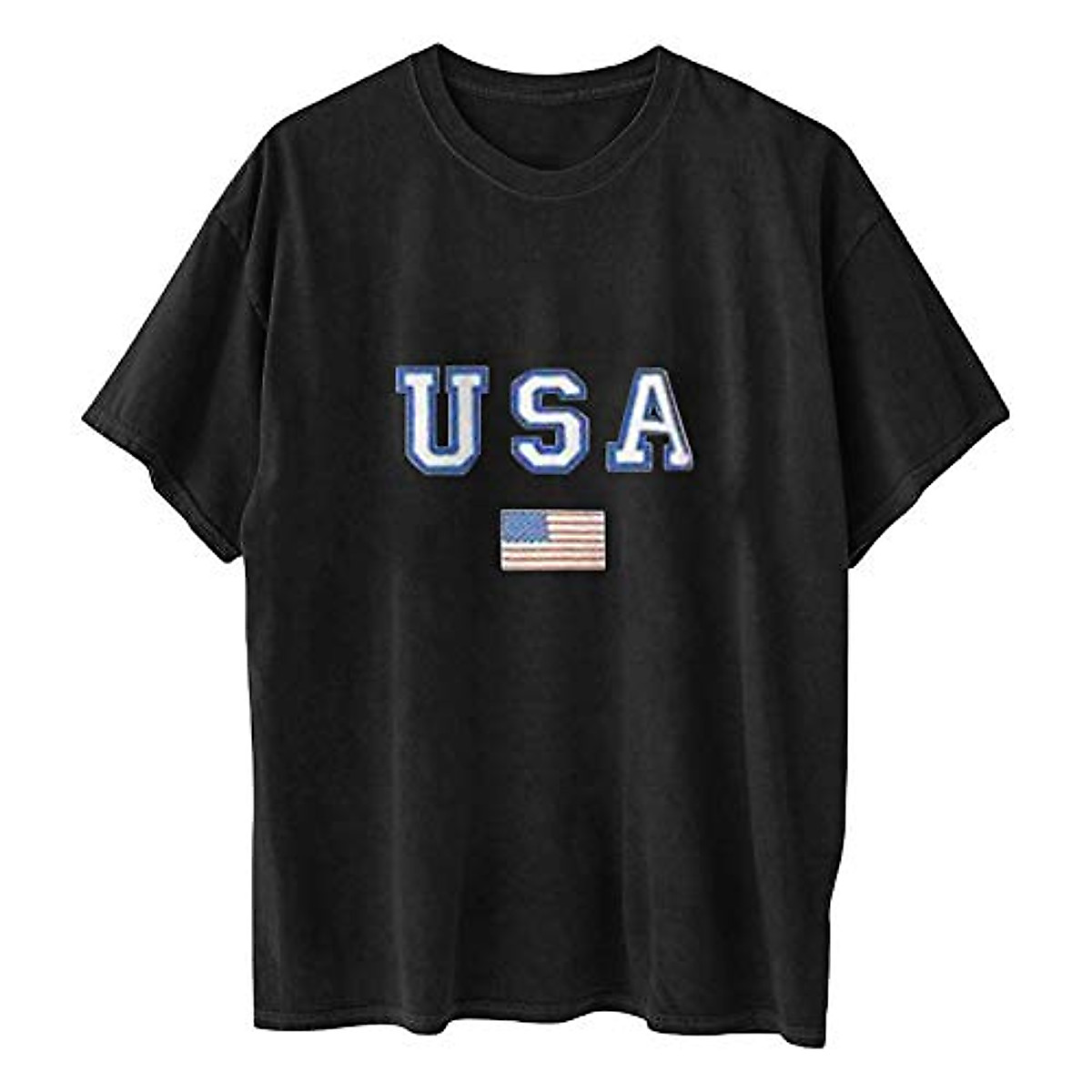 wodceeke Women's Independence Day Off-The-Shoulder Crew Neck Top T-Shirt Funny USA Flag Print Tee Casual Loose Tops (Black, XL)