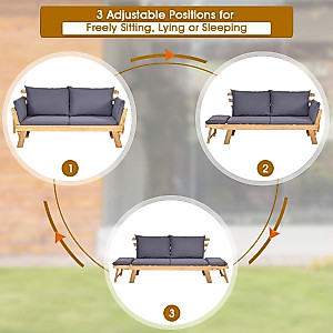 Tangkula Acacia Wood Patio Convertible Couch Sofa Bed with Adjustable Armrest, Outdoor Daybed with Cushion & Pillow, Folding Chaise Lounge Bench Ideal for Porch Courtyard Poolside (Dark Grey)