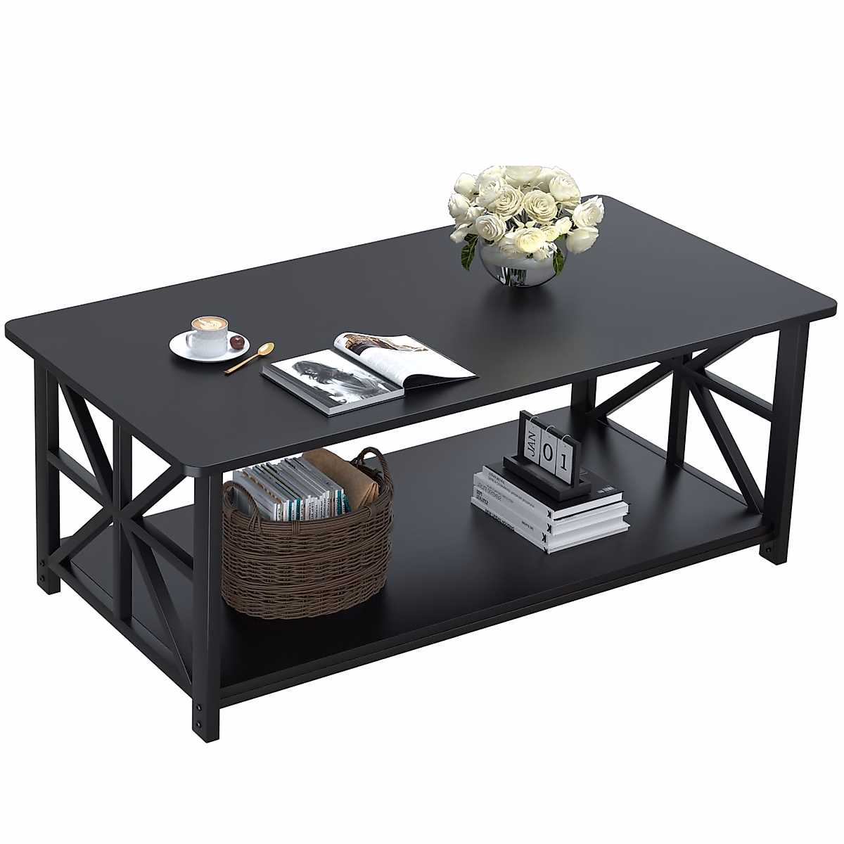 GreenForest Coffee Table with Round Corner, Farmhouse Center Table with 2-Tier Storage Shelf X-Frame Design for Living Room, 39 inch Black