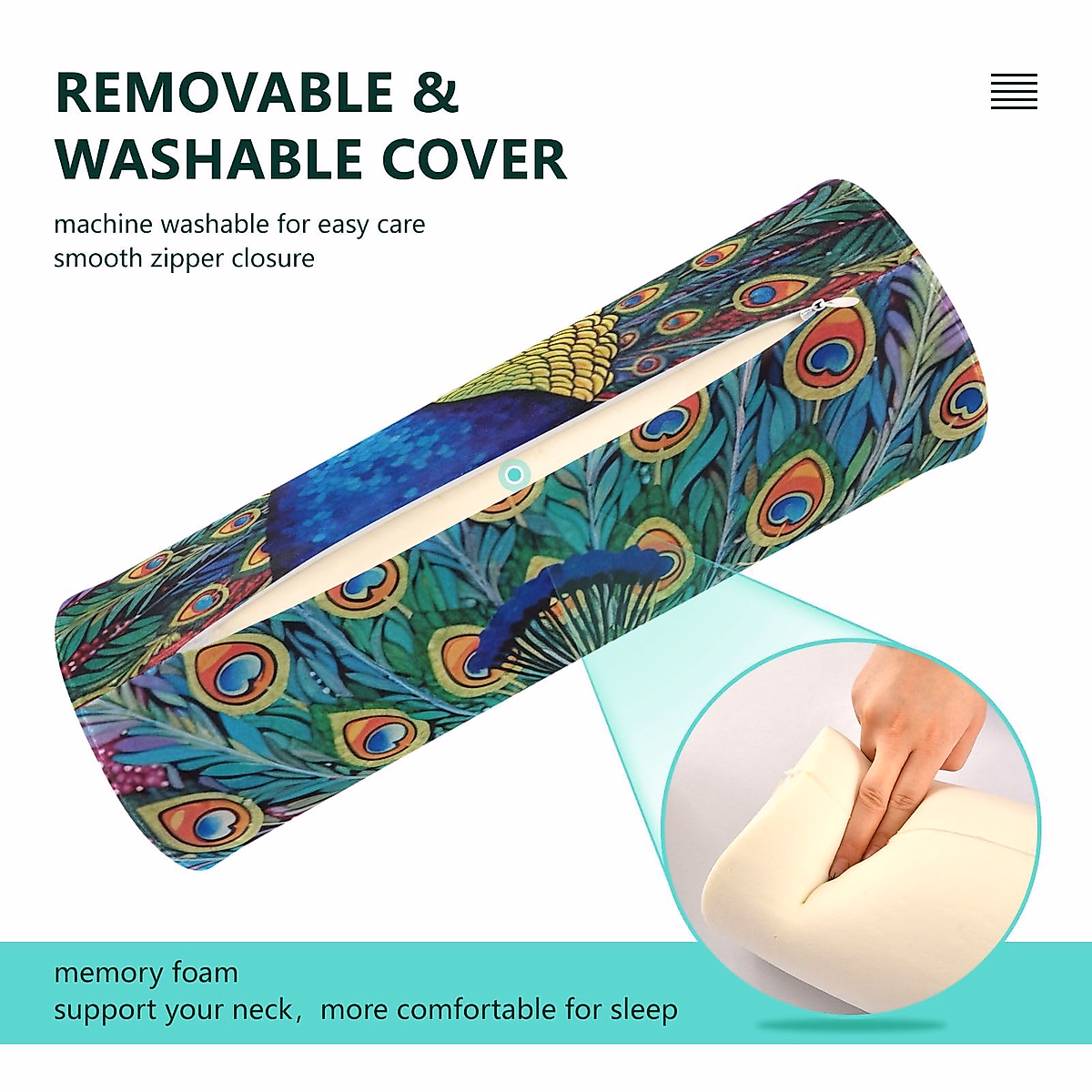 SDMKA Cute Peacock Cervical Neck Roll Pillow - Bolster Memory Foam Pillow for Neck Pain Relief, 5.5 x 17 Inch Cylinder Pillow, Perfect Sleeping Support