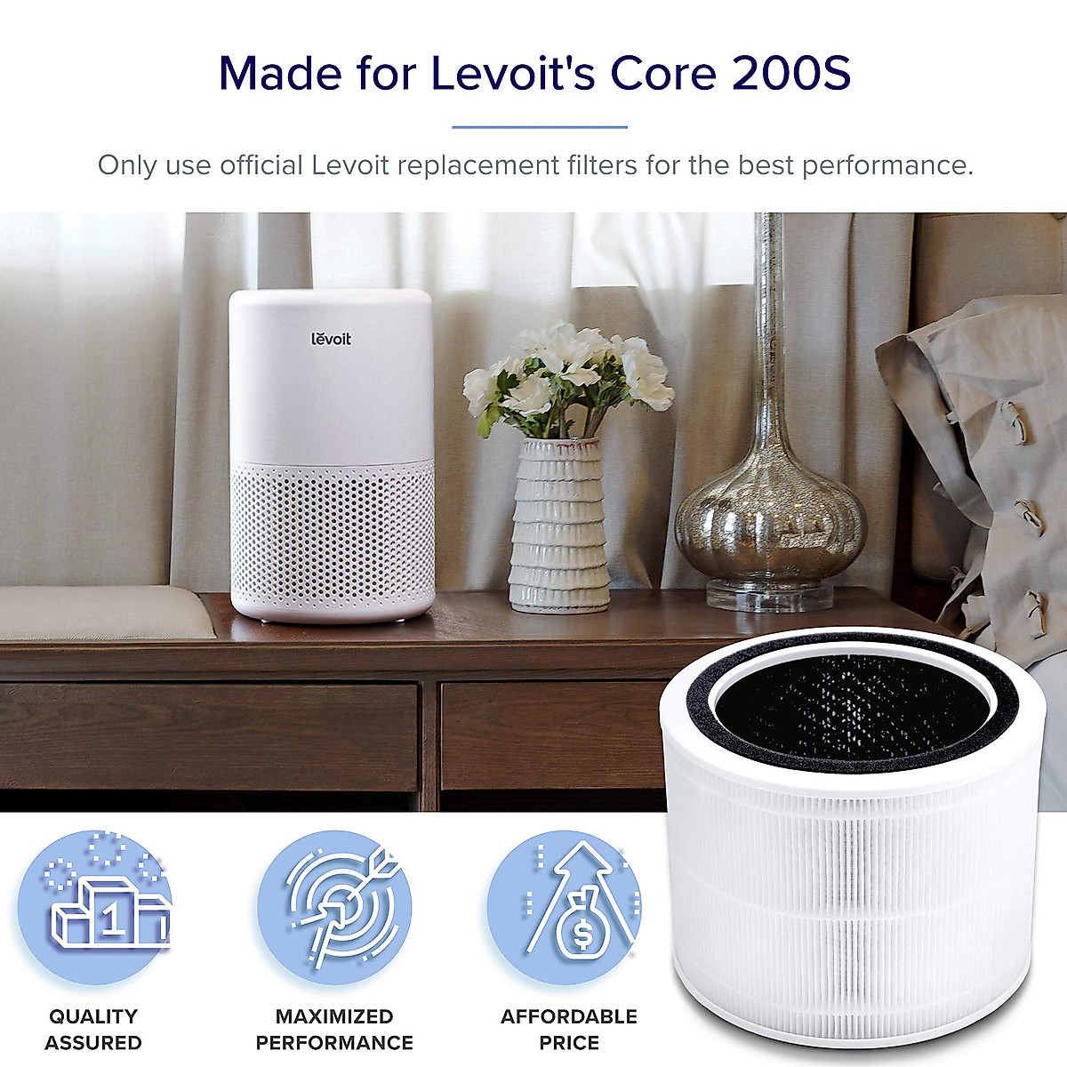 LEVOIT Air Purifiers for Home Large Room, Black & Air Purifier Replacement Filter, 3-in-1 True HEPA, High-Efficiency Activated Carbon, Core 200S-RF, White