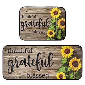 DOMIKING Fall Sunflowers Wooden Kitchen Rugs Non-Slip Kitchen Mat for Floor Farmhouse Kitchen Decor Accessories 2 PCS Anti Fatigue Rug Standing Mat Doormats