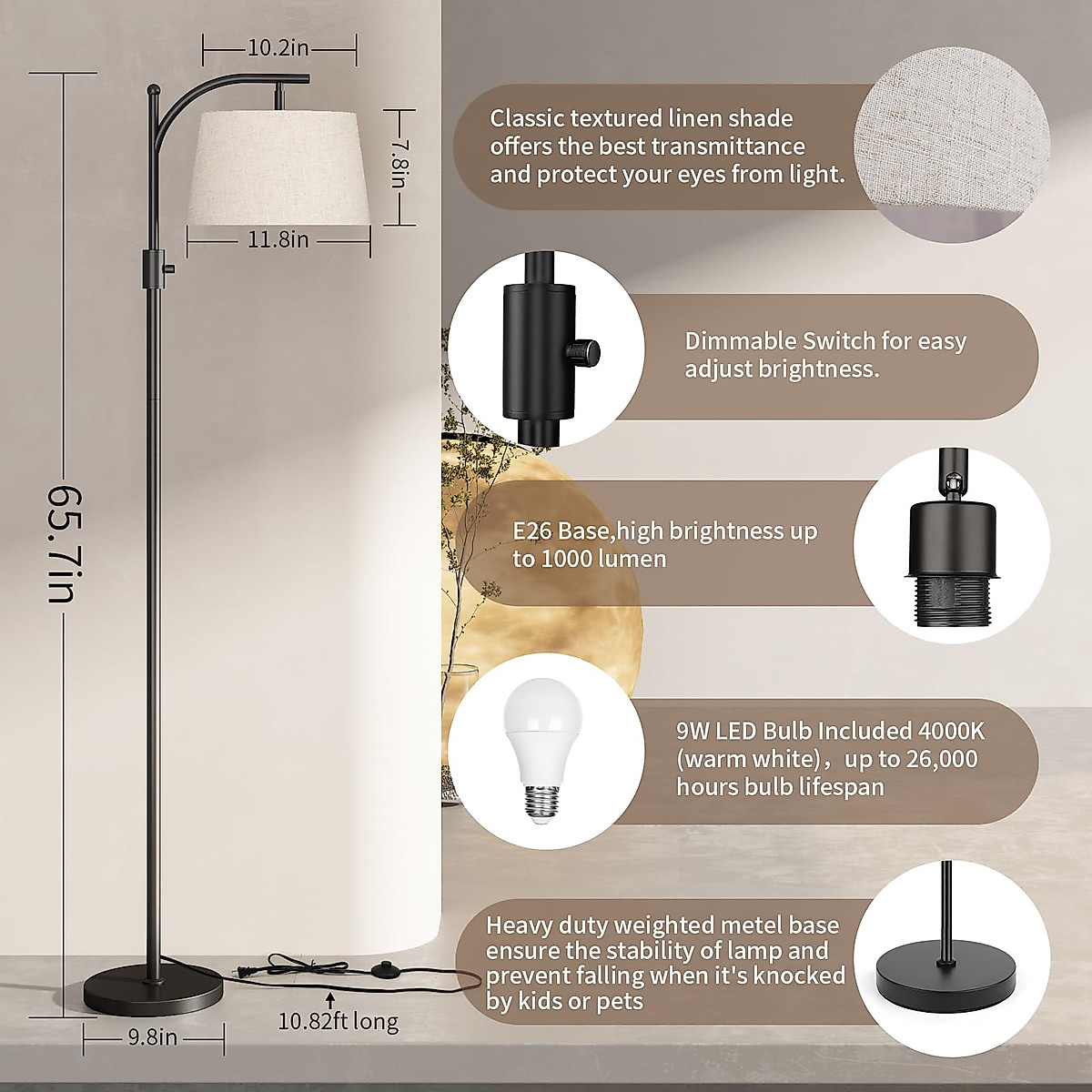 ANJIME Floor Lamp for Living Room,Classic Standing Lamp with Textured Linen Shade,Tall Floor Lamp for Living Room,Bedroom,Office,Reading,9W LED Bulb Included