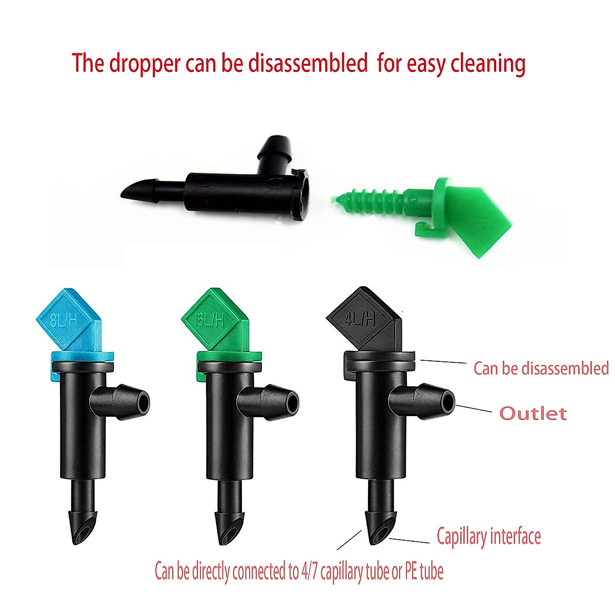 HOINCO 60 Pieces Drip Emitter, 3 Sizes Garden Flag Irrigation Dripper Emitter, Trees and Shrubs, Per Hour1 GPH, 2 GPH, 4 GPH