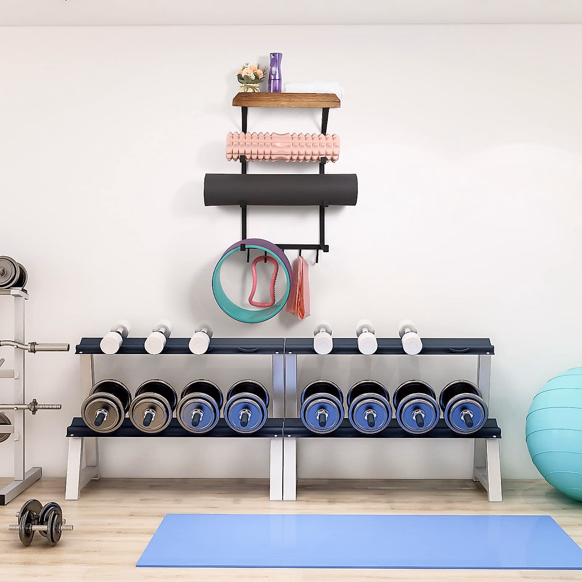 DOCMON Yoga Mat Holder Wall Mount,17" x 28" Yoga Mat Rack Home Gym Accessories, Storage for Foam Roller, with Wood Floating Shelves and 5 Hooks for Hanging Yoga Strap and Resistance Bands