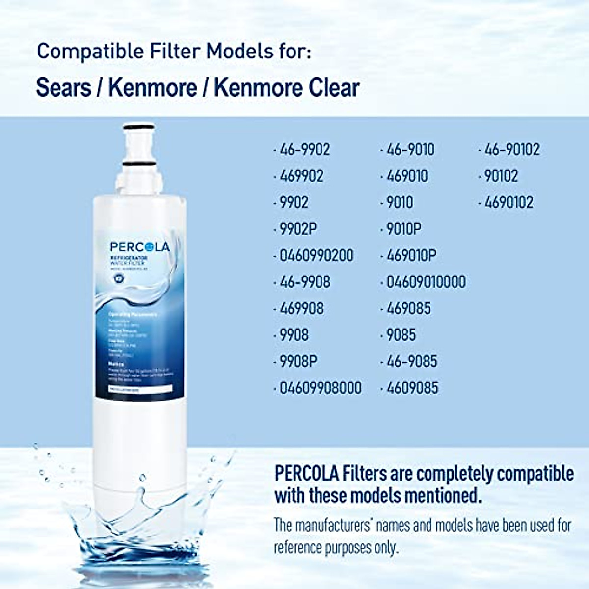 PERCOLA 9085 Water Filter, NSF 42, 53 & 401 Certified Filter Replacement for Kenmore 46-9010, 469010, 9010, 46-9085, 9085, 4609085, 46-90102, 90102, 4690102, 46-9902, 46-9908, 9908 (3 Pack)