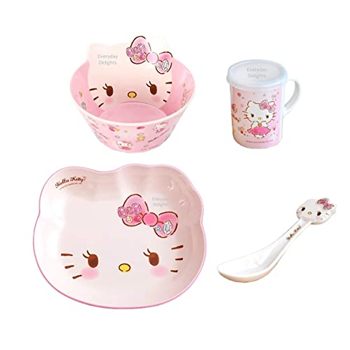 Hello Kitty Cute Pink Dinnerware Flatware Meal Set – Plate Bowl Cup Spoon, 4 pieces