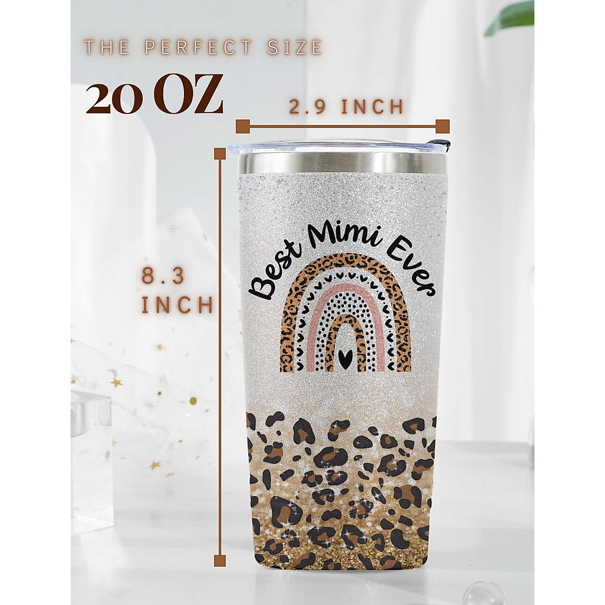 Onebttl Mimi Gifts from Granddaughter, Grandson, Insulated Stainless Steel Wine Tumbler with Lid and Straw, for Grandma on Mother's Day, Birthday, Christmas, Best Mim Ever, Glitter Silver, 20 oz