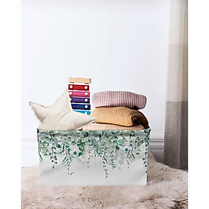 Eucalyptus Storage Basket Sage Green Large Foldable Storage Bins with Handles Watercolor Leaves Waterproof Fabric Laundry Baskets for Organizing Shelves Closet Toy Gifts Bedroom Home Decor