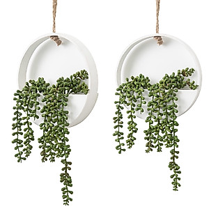 CEWOR 2pcs Artificial Hanging Succulent Plants, Fake String of Pearls in Pot with Lanyard Boho Wall Decor for Bathroom Living Room Home Indoor Outdoor Decorations, White